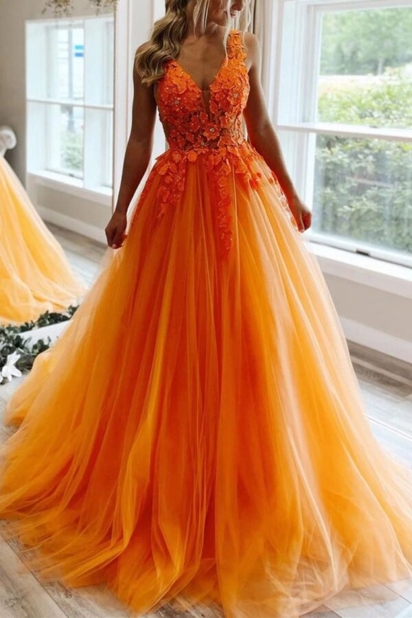 A Line V Neck Orange Prom Dress with Appliques ON202283674 - Onedaybride